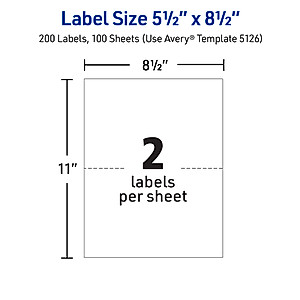 Avery 5126 Shipping Address Labels, Laser Printers, 200 Labels, Half Sheet Labels, Permanent Adhesive, TrueBlock, White
