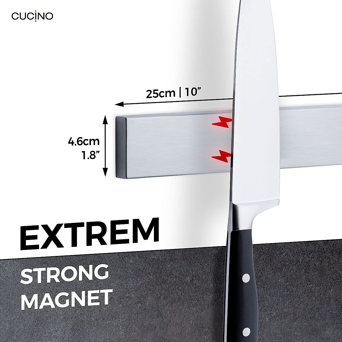 CUCINO Magnetic Knife Holder for Wall 10" No Drilling incl. Self Adhesive Tape - Extra strong Knife Holder - Awarded Knife Magnetic Strip - Made of Stainless Steel