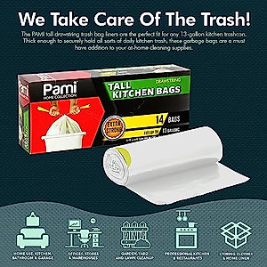 PAMI Tall 13-Gallon Kitchen Drawstring Trash Bags [14-Pack, White] - Extra-Strong Plastic Garbage Bags- Thick Trash Can Liners For Kitchen, Bathroom & Outdoor Bins- 2ft x2ft Unscented Trash Bags