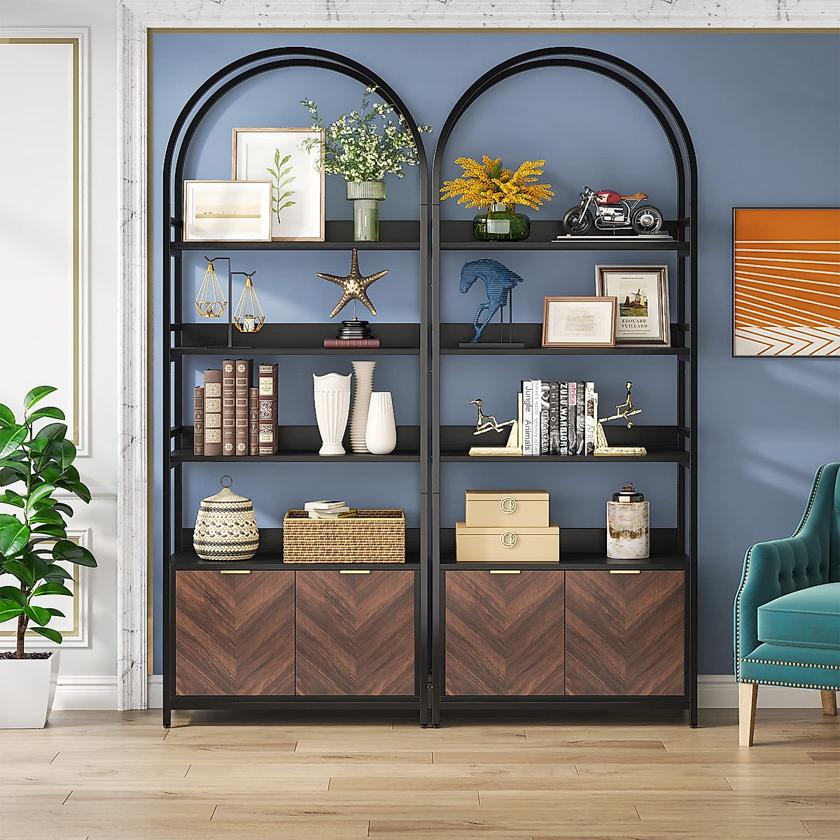 Tribesigns 2PC Bookshelf with Door, 75.9 Inch Tall Etagere Bookcase with Storage Cabinet Shelf, 4-Tier Display Shelf for Bedroom Living Room (Black, 2PC)