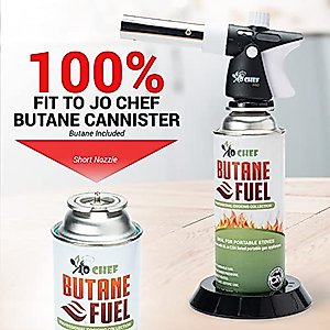 Jo Chef Pro Butane Torch Lighter - Refillable Butane Torch Head, Small Butane Torch with Safety Lock & Adjustable Flame - Culinary Blow Torch, Creme Brulee Torch, Baking, Included 2 Butane Canisters