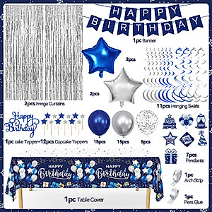 Navy Blue and Silver Birthday Decorations for Men Birthday Decorations for Boys Contain Banner Balloons Fringe Curtains Hanging Swirls Tablecloth Cake Topper Birthday Party Supplies for Men & Boys