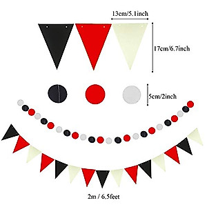 ZERODECO Party Decoration, Hanging Paper Fans Pom Poms Flowers Garlands String Polka Dot and Triangle Bunting Flags Easy to Assemble - Black and Red