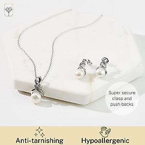 MAX + STONE Sterling Silver Pearl Jewelry Set with Diamonds | Freshwater Pearl Earrings & Necklace for Women | Real Pearl Necklace and Earring set | Silver Pearl Earrings and Necklace Set for Women