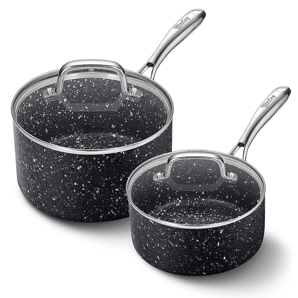 HLFRG Saucepan Set with Lid, Nonstick 2Qt & 3Qt Sauce Pan Set with Lid, Small Pot with Lid, Natural Granite Nonstick Saucepan Set, Small Sauce Pots, Black Pot Set - 2Qt & 3Qt
