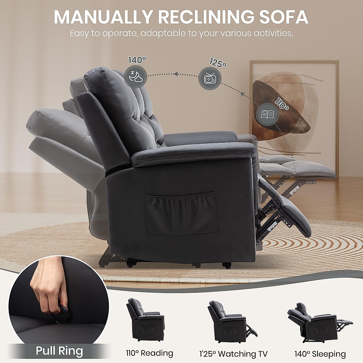 Consofa Reclining Sofa, Recliner Sofa 3 Seater with Flipped Middle Backrest,Cup Holder, Wall Hugger Sofa Recliners, Manual Reclining Couch for Living Room, RV Home Theater Seating