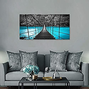 Bridge River Canvas Wall Art: Teal Blue Picture Lake Decor Painting Turquoise Decoration Artwork For Bedroom Living Room 48"x24"