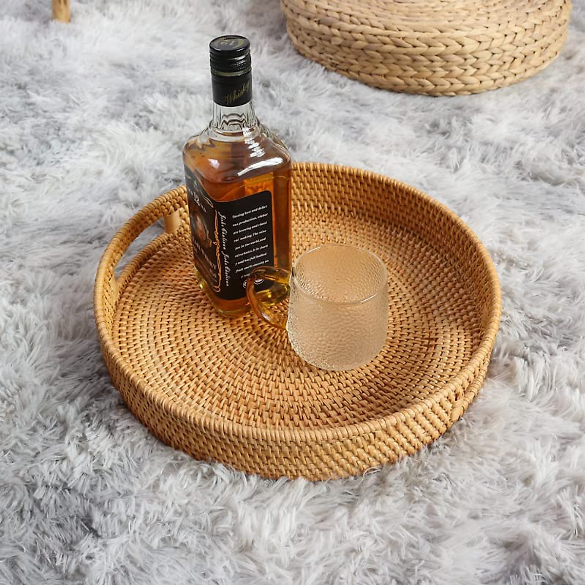 DECRAFTS Coffee Table Tray Round Rattan Ottoman Tray Woven Serving Trays with Handles for Home and Kitchen Decorative Natural (Large 14 inch x 2.8 inch)