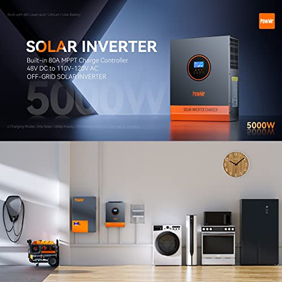 PowMr 5000W Solar Inverter 48V DC to 110V AC, 5KW Pure Sine Wave Hybrid Inverter Charger Built-in 80A MPPT Controller, Max 500V PV Input, for 48V Lead-Acid/Lithium Batteries