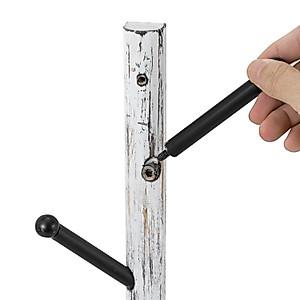 MyGift 4 Hook Wall Mounted Shabby White Washed Solid Wood and Black Metal Hat Coat Hanger Tree, Vertical Entryway Hanging Garment Rack with Branch Style Hooks, Set of 2