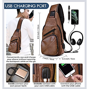 INNOSCENT SMELL PROOF Sling Bag Backpack -COMBINATION LOCK- Lightweight Waterproof Shoulder Crossbody Bag with USB/Headphone Charging Port Brown Leather.