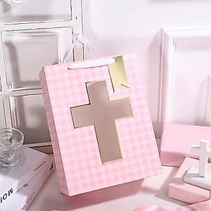 Loveinside Gift Bag with Pink Diamond and Cross Design, Tissue Paper for Baby Girl Baptisms, Christenings, First Communions Religious Occasion - 10" x 5" x 13", 1 Pcs