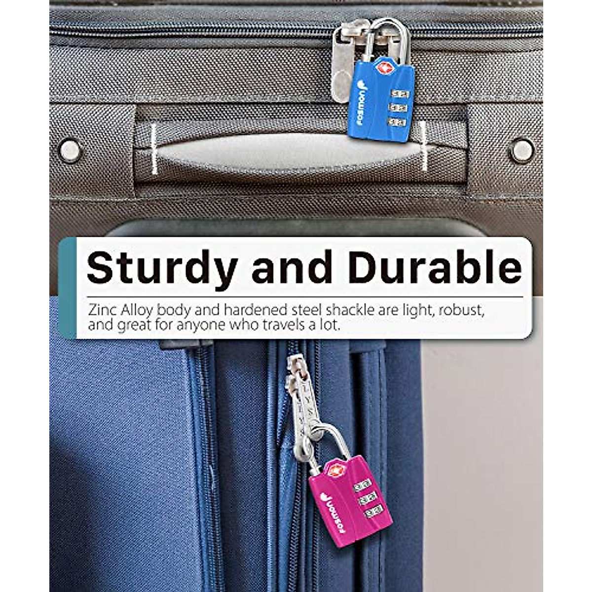 Fosmon TSA Accepted Luggage Locks, (4 Pack) Open Alert Indicator 3 Digit Combination Padlock Codes with Alloy Body for Travel Bag, Suit Case, Lockers, Gym, Bike Locks - Black, Blue, Pink, and Silver