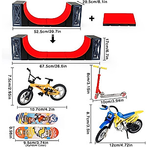 Half Pipe Skateboard Ramps Set, Bigger Fingerboard Skatepark Deck, Finger Skate Park Toy with Fingerboard Ramps, Skateboards, Finger Scooter, Finger Bike & Motorcycle for Adults Kids Gifts(Red)