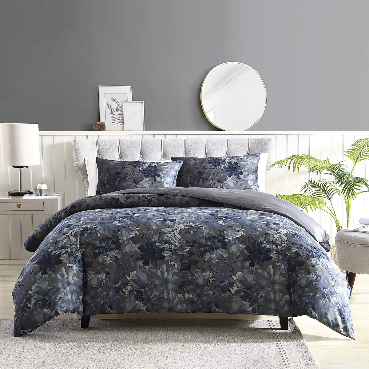 Brielle Camila Floral Printed/Charcoal Reverse 100% Cotton Duvet Cover Set, Blue/Charcoal, Full/Queen