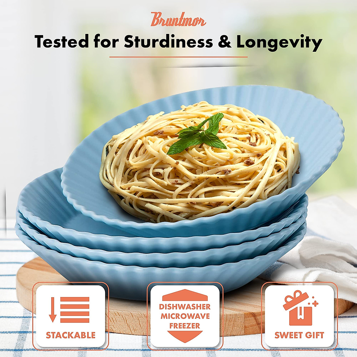 Bruntmor Set of 4 Elegant Matte 8" Round Ceramic Restaurant Serving Inner Fluted Dessert Salad Plates, Light Blue