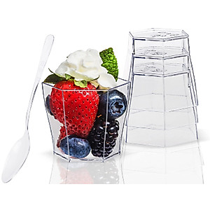 Lawei 100 pack 2 oz Plastic Dessert Cups with 100 Plastic Spoons - Hexagonal Mini Bowl Disposable Bowls for Chocolate Desserts, Appetizers, Dessert Samplers, Dessert Shot Glasses & More