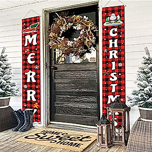 Trooer Christmas Porch Sign, Merry Christmas Banner for Outside Indoor Outdoor Christmas Decorations New Year Black Red Buffalo Plaid Hanging Banners Sign for Holiday Party Supplies Home Welcome