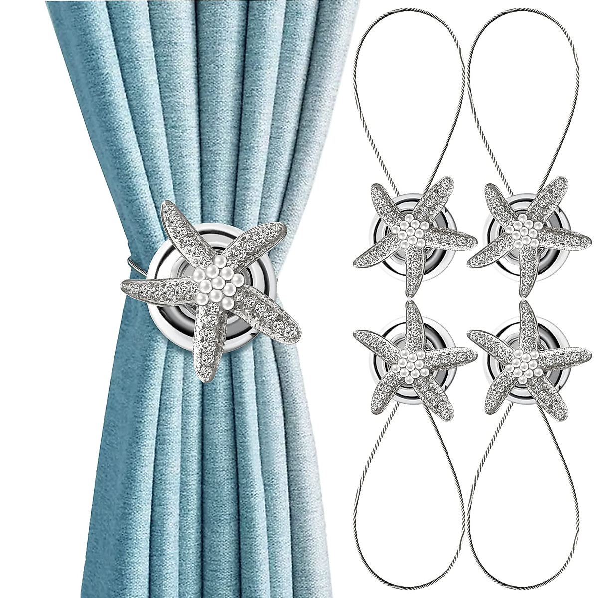 KOLAKO Curtain Tiebacks, Magnetic Curtain Holdbacks Silver Crystal Drapery Magnet Pearl Decorative Modern Curtain Buckle Starfish Metal Curtain Holders No Drill, Ties Backs for Curtains 4 Pack
