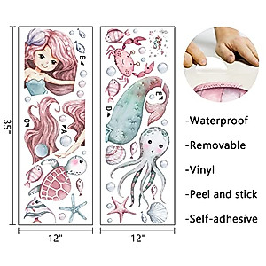 Mfault Mermaid Under The Sea Wall Decals Stickers, Baby Girls Ocean Creatures Nursery Decoration Bedroom Playroom Art, Octopus Turtles Crab Shell Bubble Fish Kids Room Bathroom Home Decor