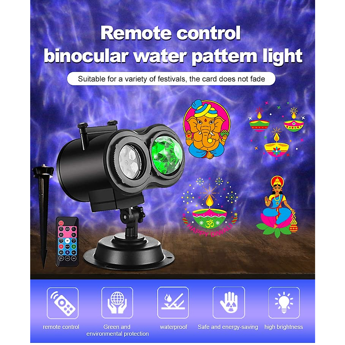 Holiday Halloween Valentine Party Christmas Diwali Projector Light (Indoor Outdoor Waterproof), 16 Slides (4 Pictures Each), 10 Wave Effects, Remote Control (Power Timer Speed Flash), 3 Mounting Ways