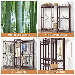Homykic Bamboo Closet System, Large Clothing Rack Garment Rack for Hanging Clothes, Freestanding Clothes Rack with Shelves and 5 Rods, Stable Open Wardrobe Organizer with 4 Hooks, 70”Wx77”H, Espresso