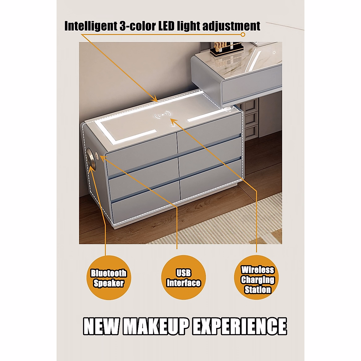 ZGNBSD Corner Vanity Set - Makeup Vanity Desk with Charging Station & Bluetooth Speaker, 8 Drawers Design, Including LED Vanity Mirror and Chair, L-white, 47''