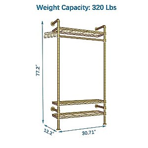 Timate F1 Pipe Clothes Rack Wall Mount Heavy Duty Closet Organizer System Hanging Closet Rack for Clothes, Closet Kit Walk in Closet Systems, Adjustable Storage Closet Shelves Wardrobe Closet, Gold