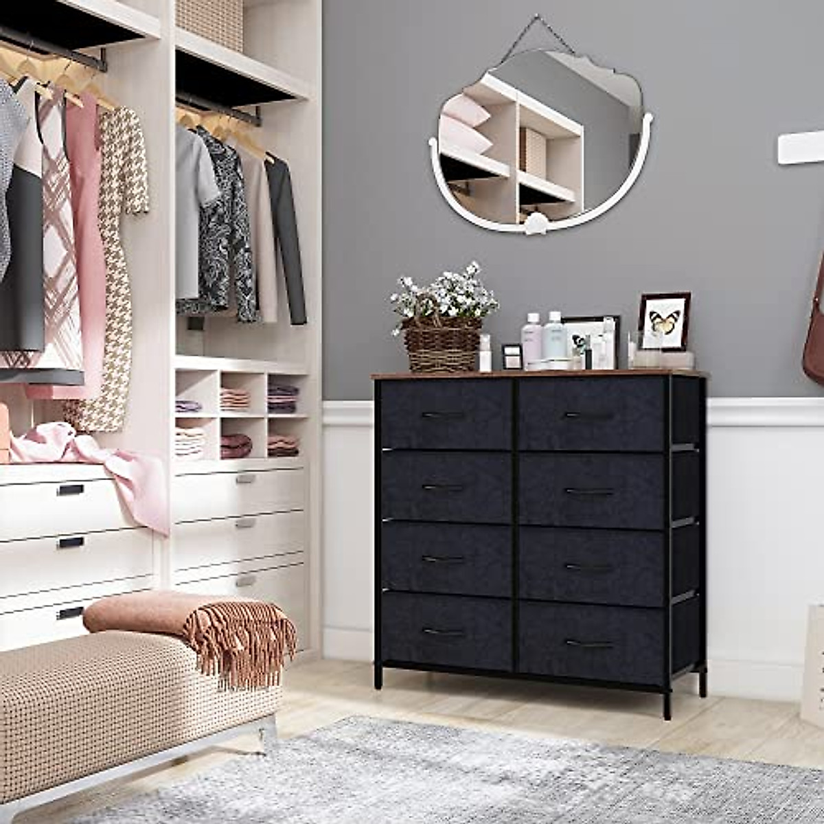 LYNCOHOME 8 Drawer Dresser for Bedroom, Closet, Hallway, Fabric Dresser for Baby, Kids, Sturdy Steel Frame, Lightweight and Movable Chest of Drawer, Black Dresser