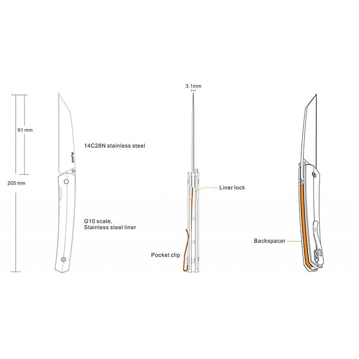 Ruike P865 Pocket Tactical Knife Folding knives 14c28n Stainless Steel Liner Lock Utility Camping Knife Survival 3.58inch Small Mini tool Knife EDC Tools Belt Clip for Men Gift