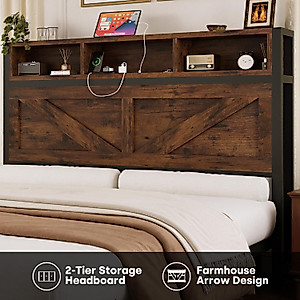 Incyneva Farmhouse Full Bed Frame with Storage Headboard, Charging Station, LED Light and 2 Storage Drawers, Bookcase Storage, Noise Free, No Box Spring Needed, Brown