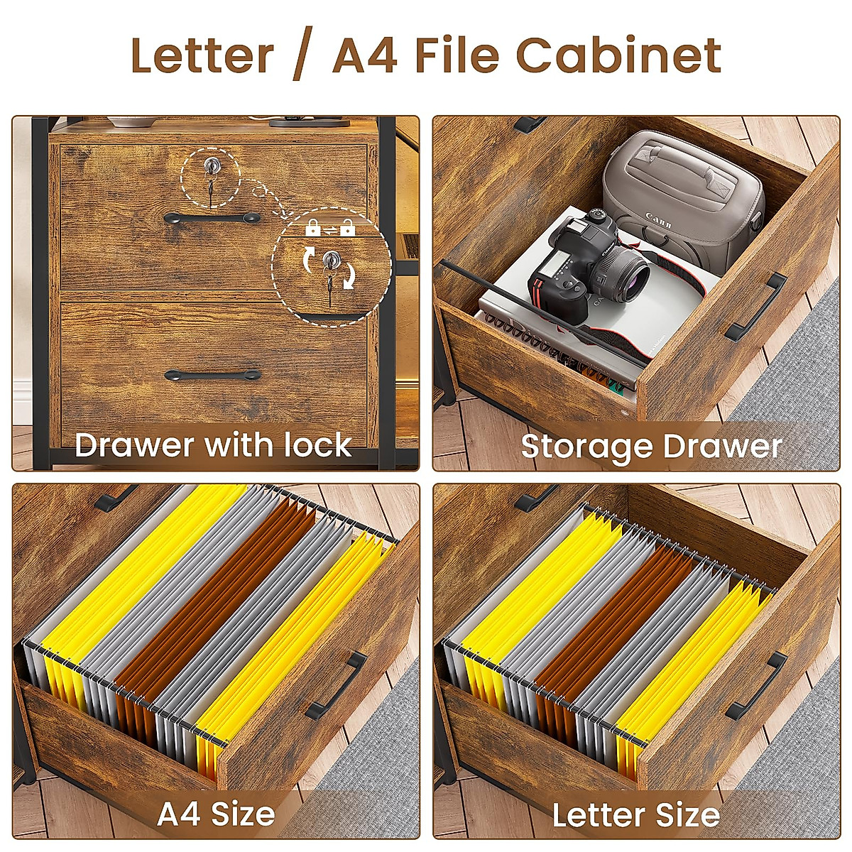 SEDETA 35.4” File Cabinet, Filing Cabinet fits Letter/A4 Size, 2 Drawe File Cabinets for Home Office with Power Strip, LED Lights, Lock, Open Shelf, Rustic Brown