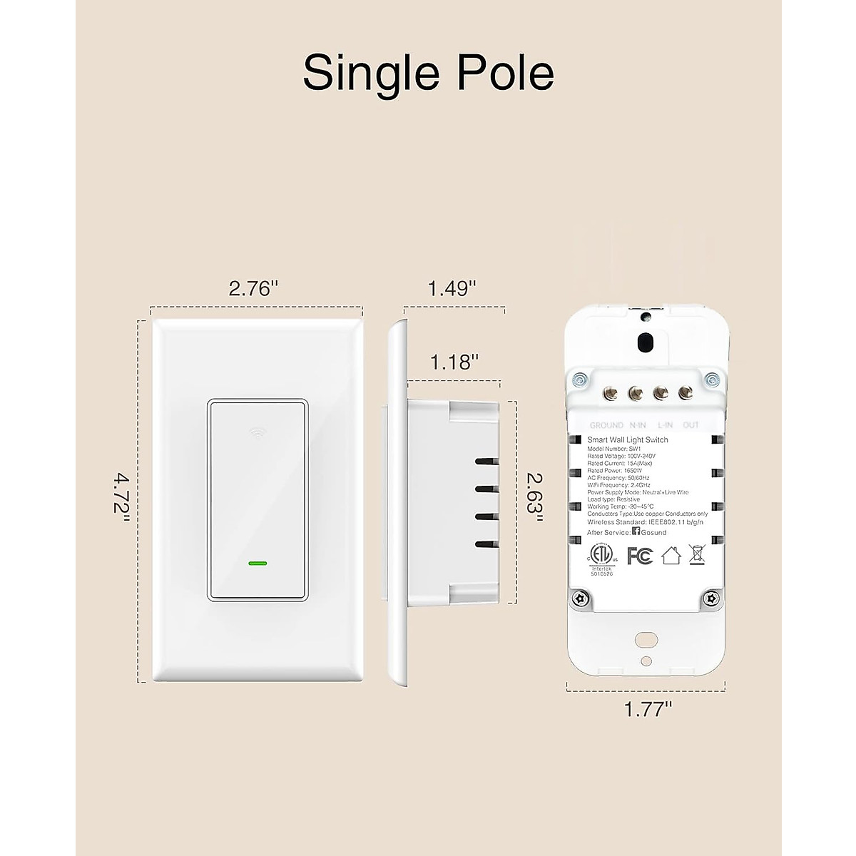 GHome Smart Switch,Smart Wi-Fi Light Switch for Lights Works with Alexa and Google Home 2.4Ghz, Single-Pole,Neutral Wire Required,UL Certified,Voice Control (4 Pack)