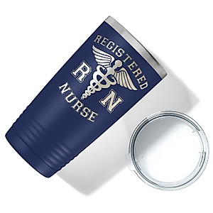 RN Registered Nurse Gift, Nursing School on Navy Blue 20 oz Stainless Steel Tumbler with Lid - Insulated Cup - Travel Mug