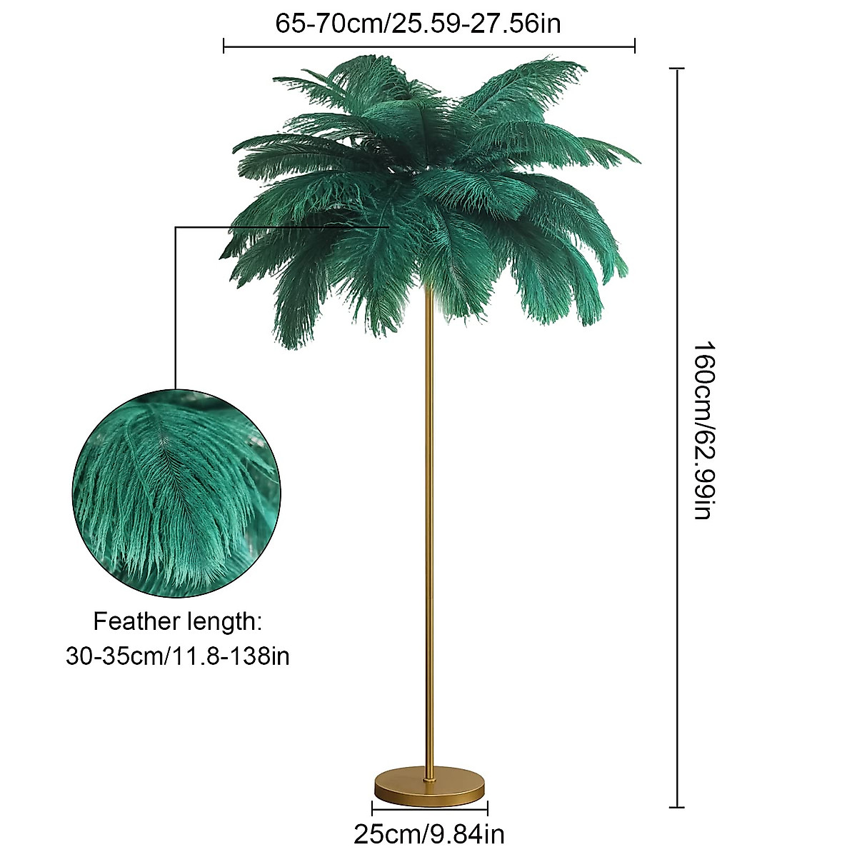 VORDERRY Natural Ostrich Feather Floor Lamp,Gold and Green Atmosphere Feather Lamp, Eye Protection Reading Lamp, Bedroom, Living Room Corner Decoration Lamp (Green)