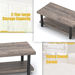 charaHOME Coffee Table Rustic Vintage Industrial Design Sturdy Metal Frame Legs Sofa Table Cocktail Table with Storage Bottom Open Shelf for Living Room, Easy Assembly, 42"x 22", Gray Brown