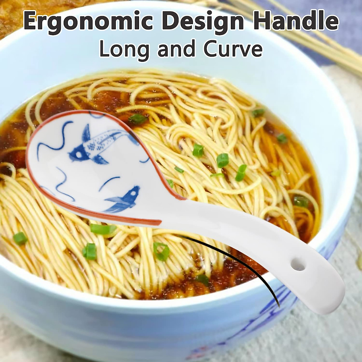 Soup Spoon Set of 4 Ceramic Chinese Soup Spoons Ramen Spoons for Pho Noodle Cereal Dumpling