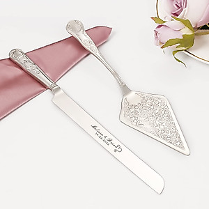 TUKDAK Silver Cake Knife and Server Set, Personalized Cake Cutting Set For Wedding, Cake Cutter Pie Pizza Server Set, Engraved Cake Serving Set for Anniversary Birthday Party Gift (Silver)