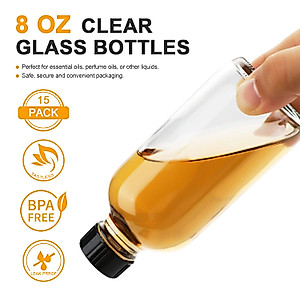 Maredash 8oz Clear Glass Bottles, 20 Pack Glass Storage Bottles with Black Lids (20 Labels, with Funnels, Droppers and Brush)