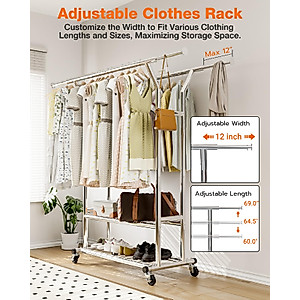 XBurmo Heavy Duty Clothing Rack - Portable Rolling Clothes Rack with Wheels, Adjustable Garment Racks for Hanging Clothes, Free Standing Metal Clothing Rack for Home, Commercial, Laundry Room, Silver