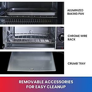 Total Chef Toaster Oven 4 Slice Small Compact Kitchen Appliance Pizza Bake Toast Rost Broil Bread toaster auto shutoff Crumble tray Natural Convection Countertop Black And Stainless Steel