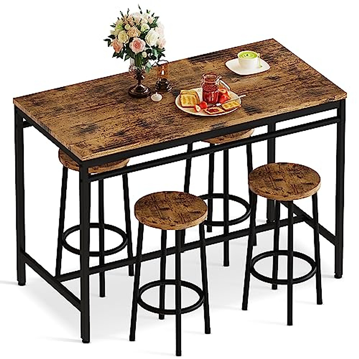 Lamerge Bar Table Set,Dining Table Set for 4, Kitchen Table and Chairs for 4,Bar Table with Stools, Bar Height Table and Chairs for Dining Room, Kitchen, Restaurant and Living Room, 47in, Rustic Brown