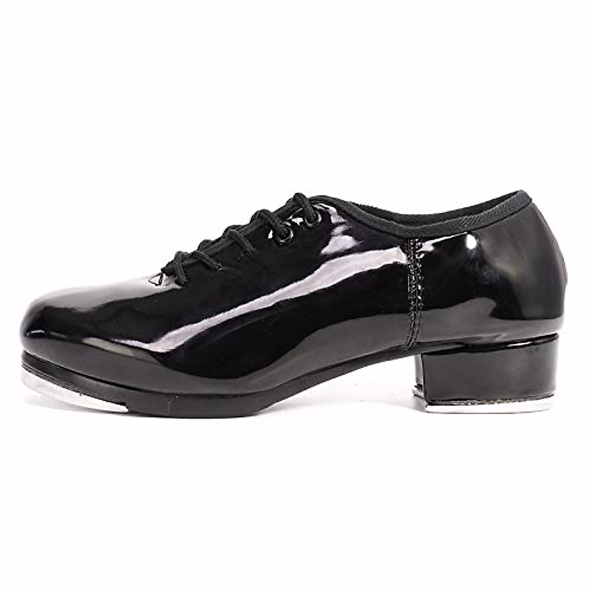 DKZSYIM Tap Shoes Patent Leather Full-Sole Lace-up Dancing Shoes for Girls, Women and Men,Model WX-QD,Black, 9.5 B(M) US