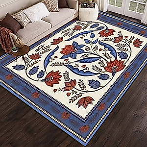 PeeNoke Indian Floral Paisley Vintage Tropical Flowers Motif for Silk Scarf Area Rug Outdoor Patio Rug Play Mat Modern Floor Carpet Non-Slip Home Decor Living Room Kids Bedroom Nursery, 6x9 ft