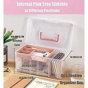 FOREVERIE Clear Plastic Office Supply Art & Craft Storage Box, Sewing Box Organiser Large with a Removable Tray & Adjustable Partition, Portable Travel Makeup Case (Clear & pink)