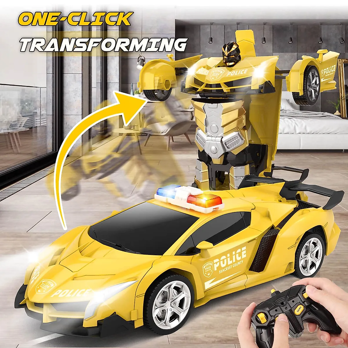 Britik Transform Remote Control Car - Rc Cars, One-Button Transforming, 360° Rotation Drifting, 2.4ghz 1:18 Scale, Gift Kids Aged 4-6 Year Old Boys/Girls, Police Car Yellow
