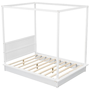 Harper & Bright Designs Full Size Canopy Bed with LED Lights, Wooden Full Platform Bed Frame with Support Slats, No Box Spring Needed, White