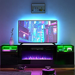 oneinmil Fireplace TV Stand with 36" Electric Fireplace, LED Light Entertainment Center, Modern Wood Texture Entertainment Stand with Highlight Storage Cabinet for TVs Up to 80", 70 inches, Black