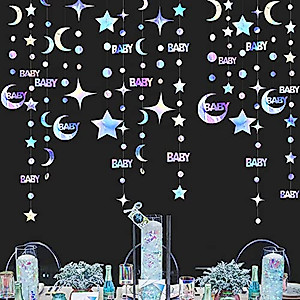Iridescent Baby Garland Star Moon Circle Dot Streamer Holographic Baby Sign Twinkle Twinkle Little Star Hanging Banner for Baby Shower Oh Baby Welcome Baby Gender Reveal Party Decorations Supplies