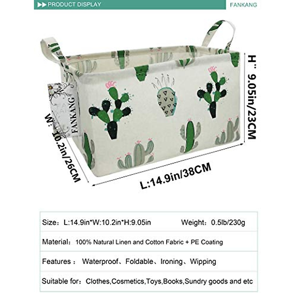 FANKANG Storage Bins Nursery Hamper Canvas Laundry Basket Foldable with Waterproof PE Coating Large Storage Baskets Gift Baskets for Kids Boys and Girls, Office, Bedroom, Clothes,Toys (Cactus)